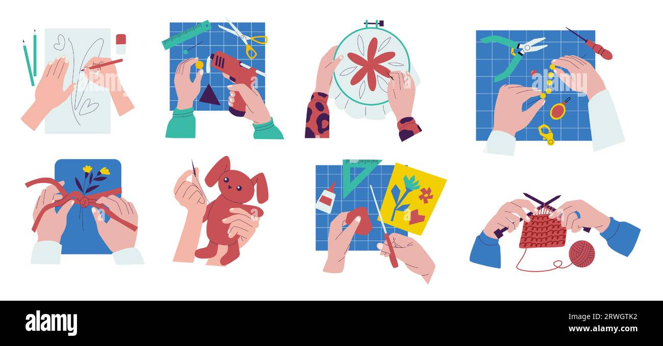 Handmade hobby. Colorful needlework and textile art, cartoon creative ...