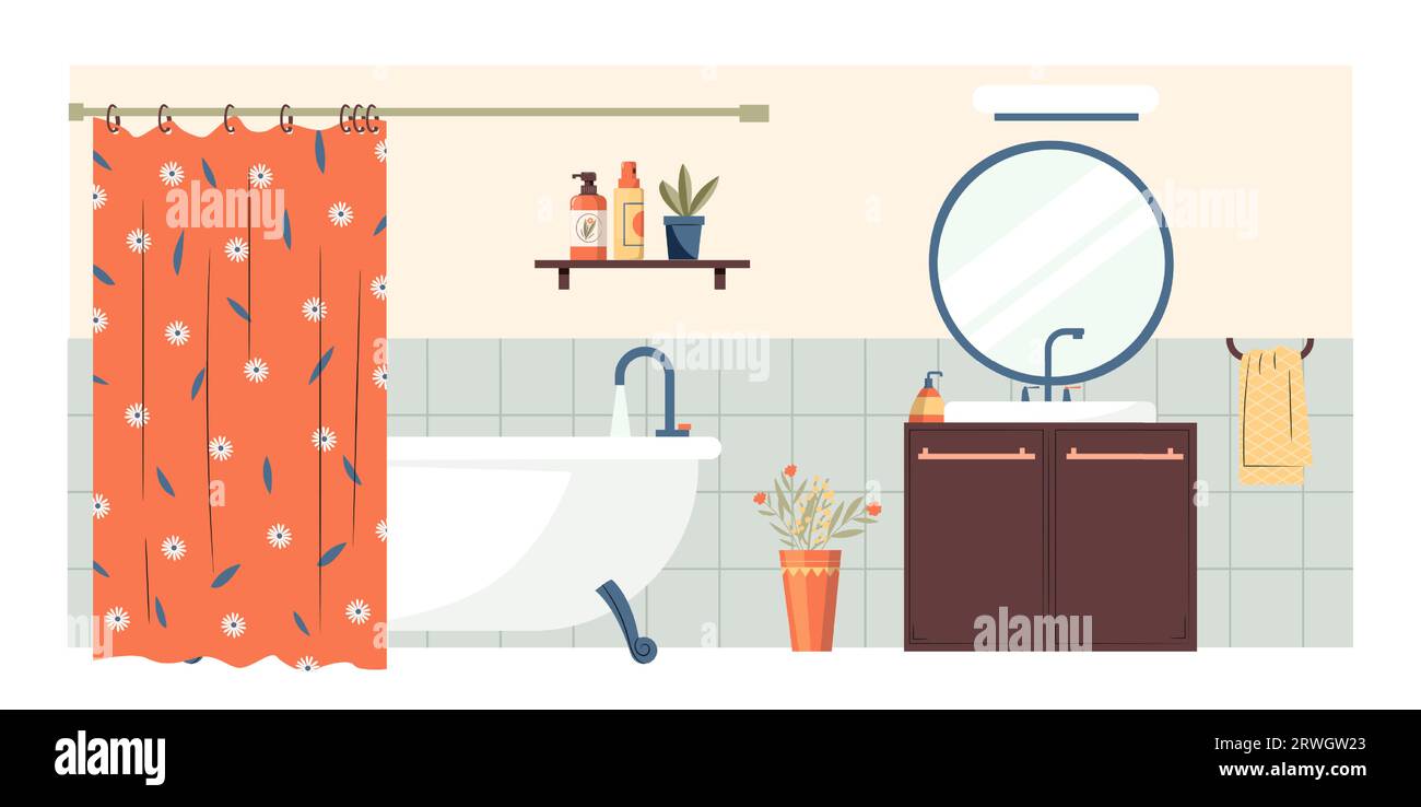 Cartoon bathroom interior with mirror and bath Stock Vector Image & Art ...