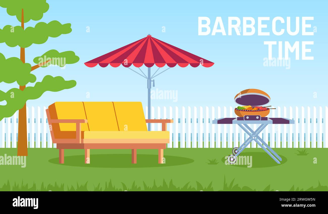Bbq in garden. Cartoon summer outdoor backyard barbecue party with ...