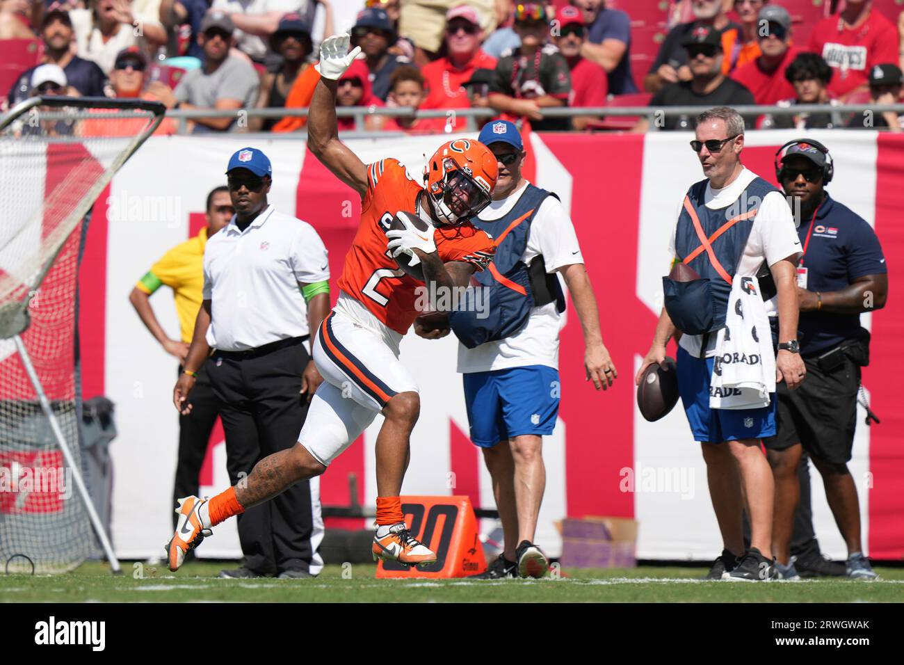 Chicago Bears wide receiver DJ Moore (2) tries to stay in bounds after a catch and run during an ...
