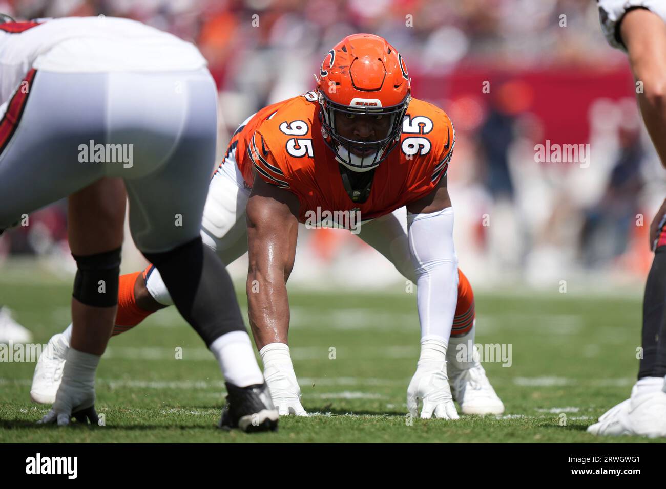 Chicago Bears defensive end DeMarcus Walker (95) eyes the quarterback ...