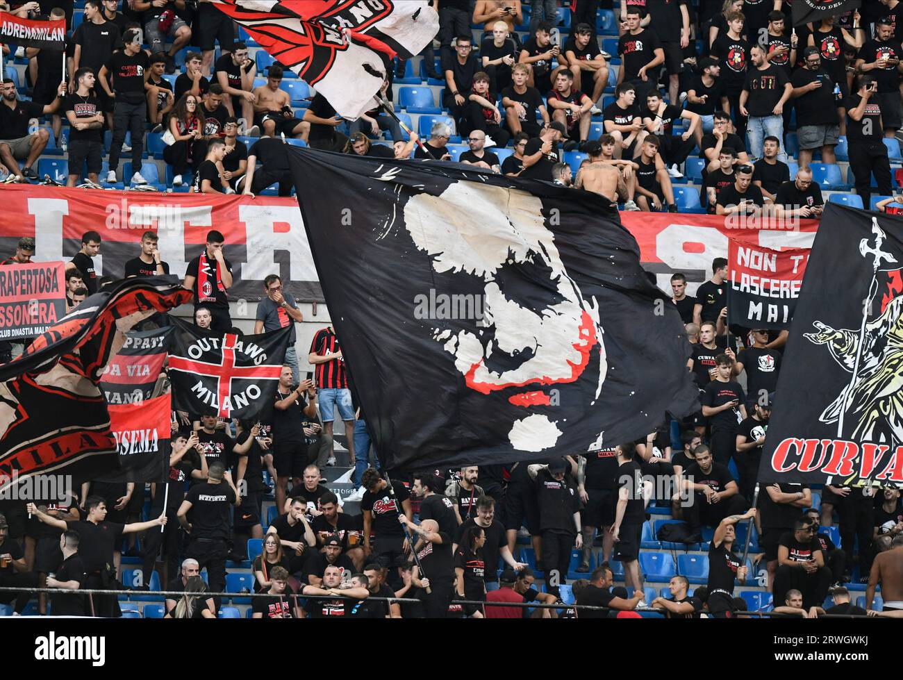 Milano, Italy. 19th Sep, 2023. Football fans of AC Milan seen on the ...