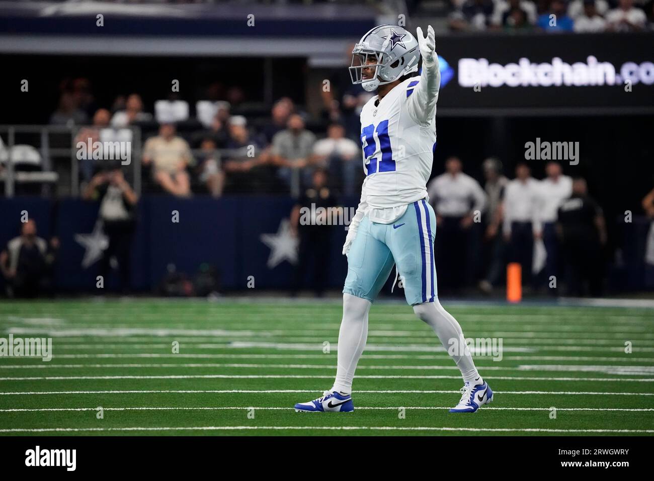 Dallas Cowboys cornerback Stephon Gilmore walks on the field during the ...