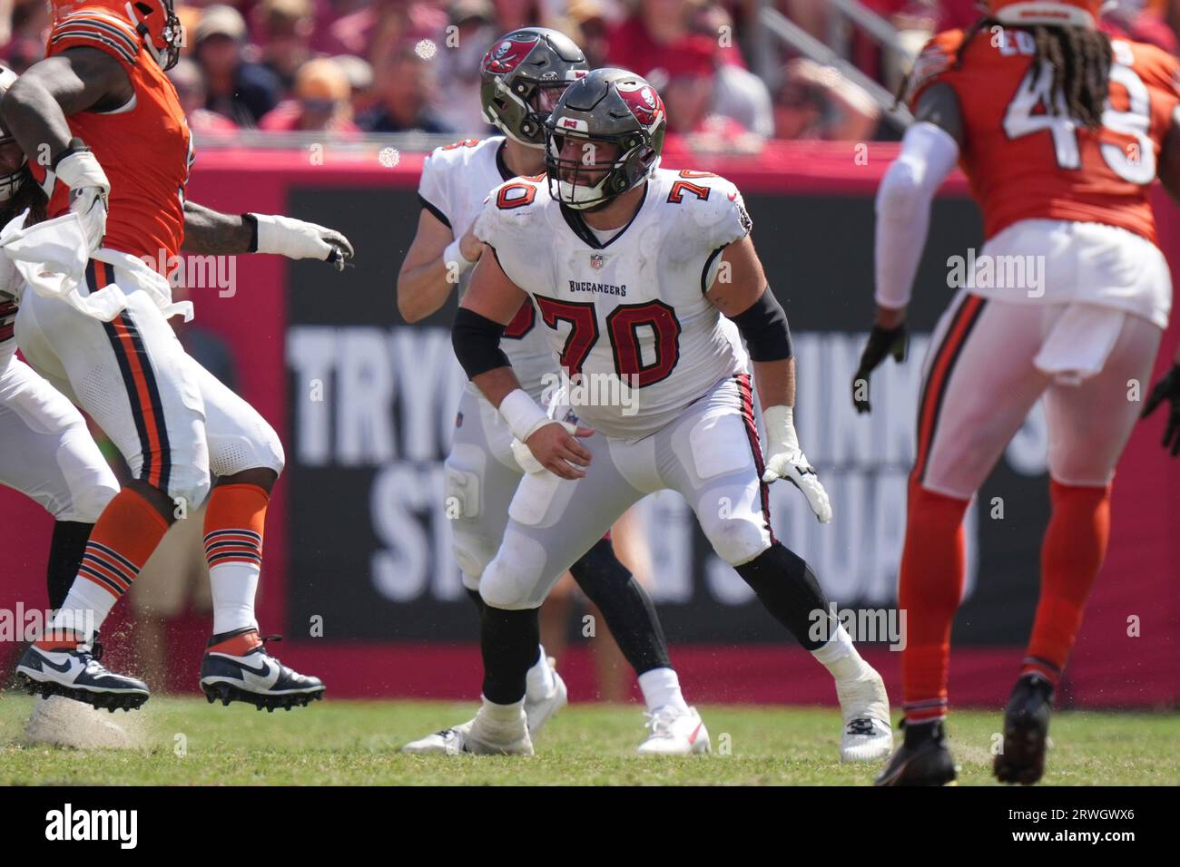 Tampa Bay Buccaneers guard Matt Feiler (71) protects the passer during ...
