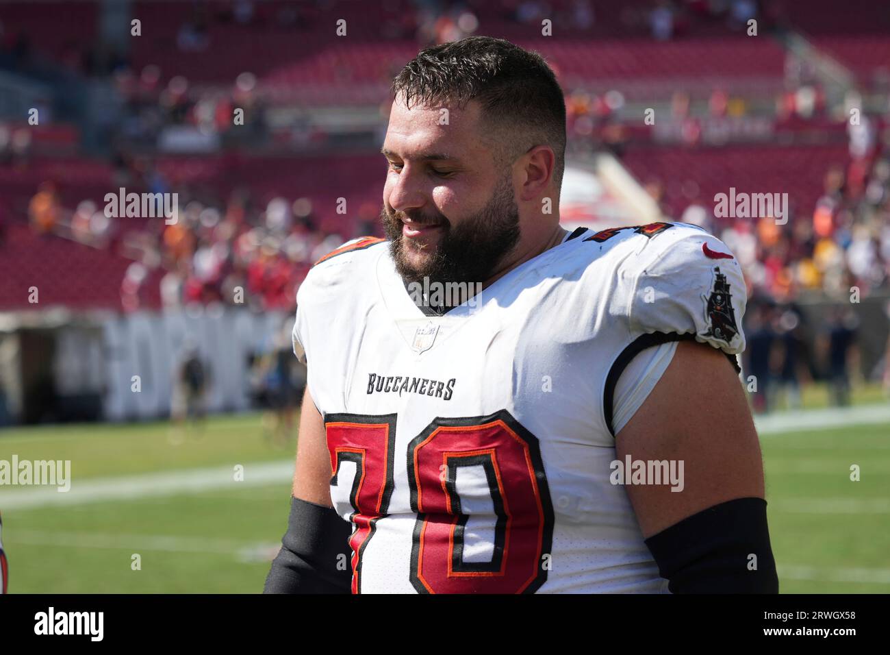 Tampa Bay Buccaneers center Robert Hainsey (70) chats following an NFL ...