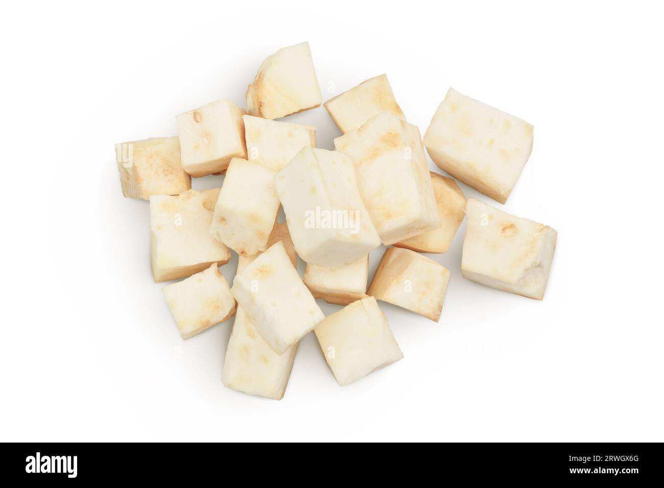 diced celery root isolated on white background. Top view. Flat lay ...