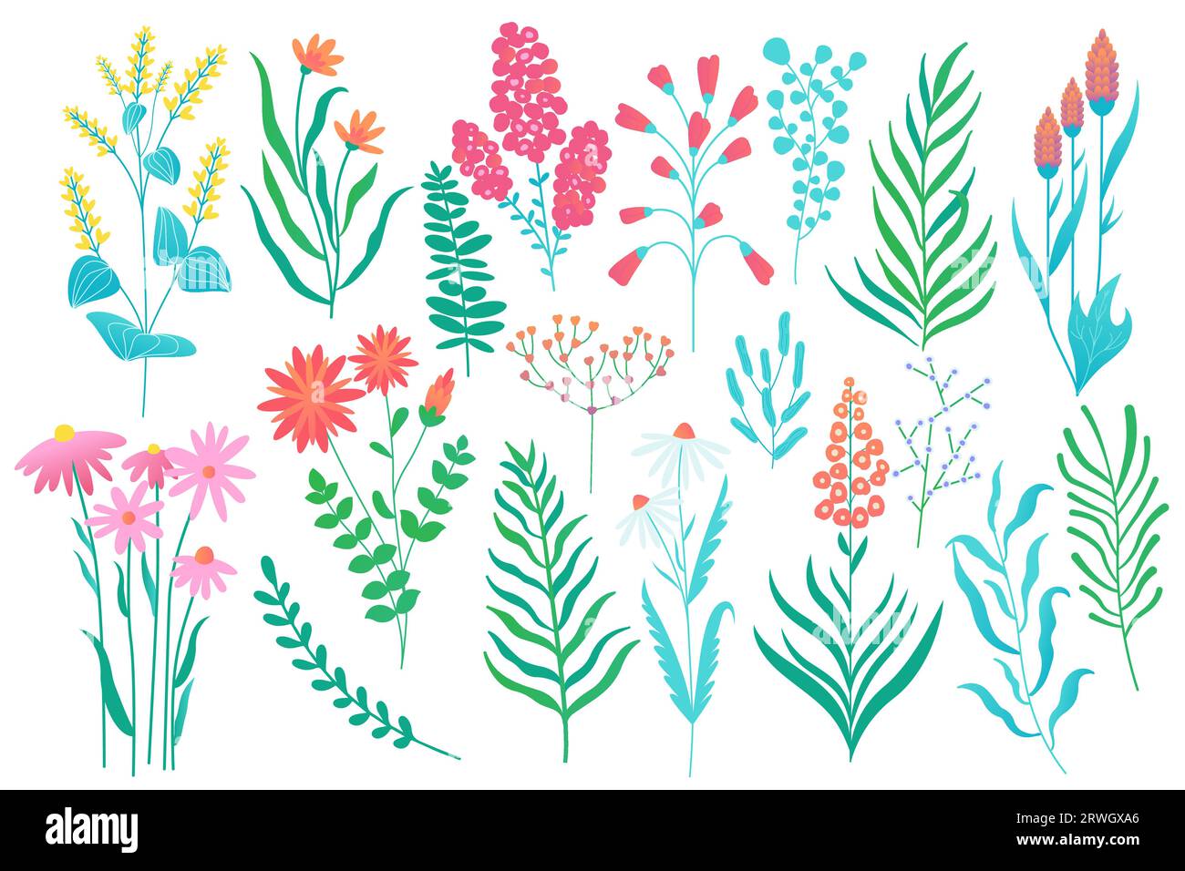 Cartoon flowers and leaves. Abstract botanical floral elements bouquet ...