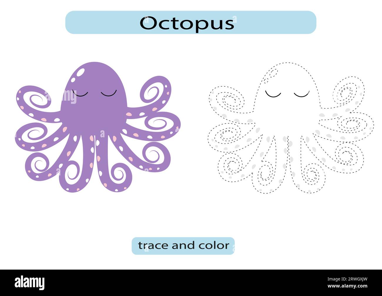 Children's worksheet coloring and tracing octopus on the ocean floor ...