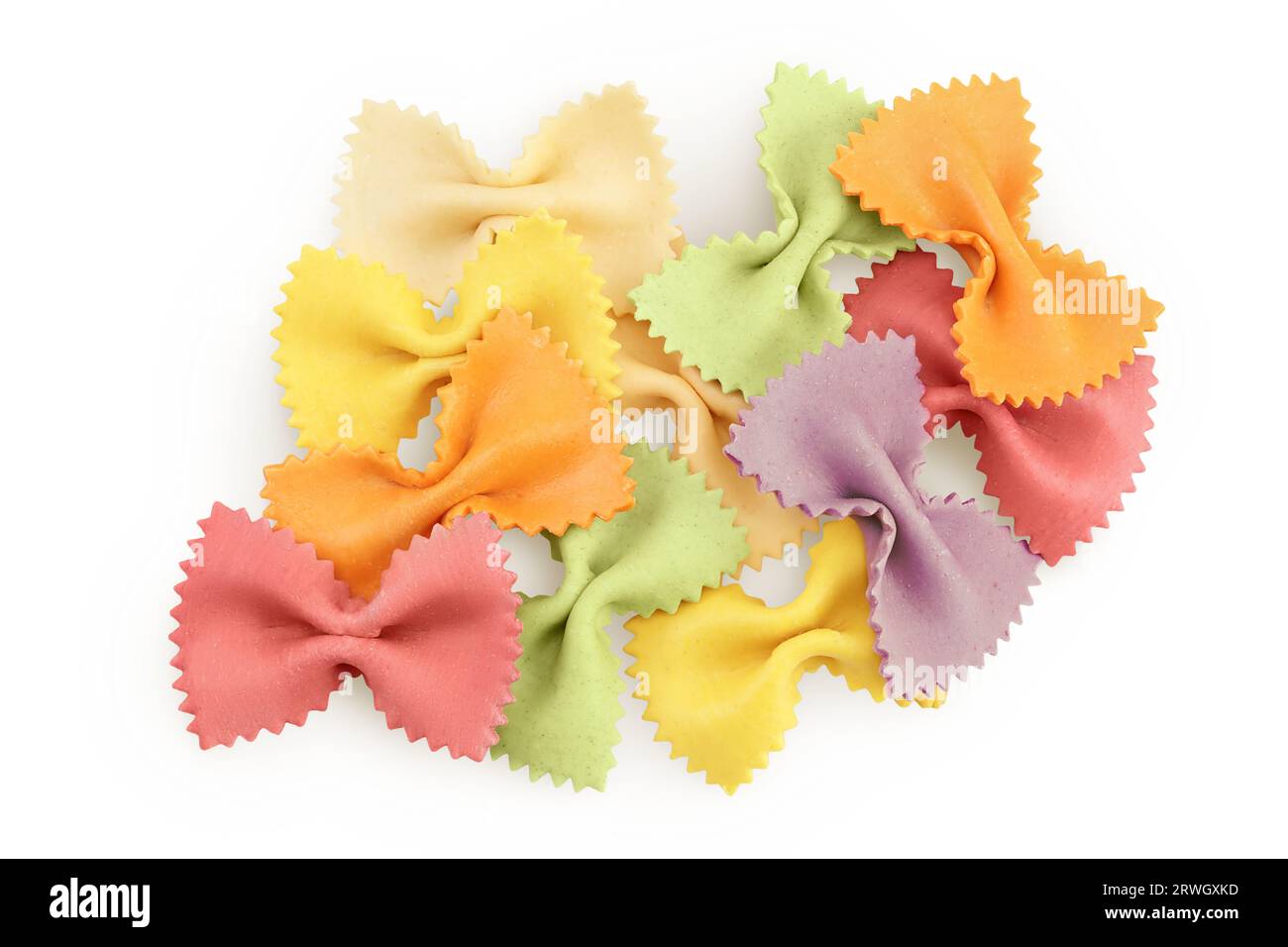 colorful farfalle pasta isolated on white background with full depth of ...
