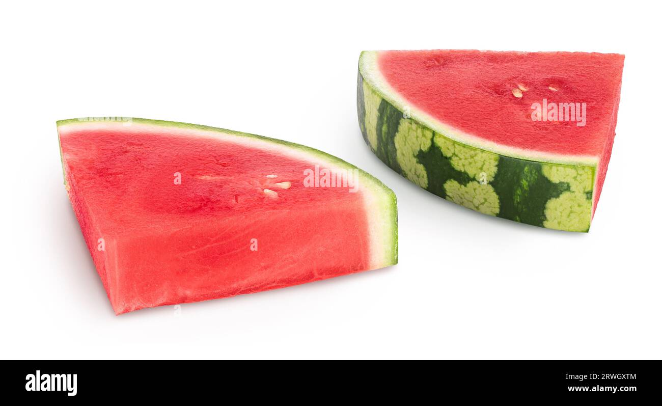Red seedless watermelon slices isolated on white background with full ...