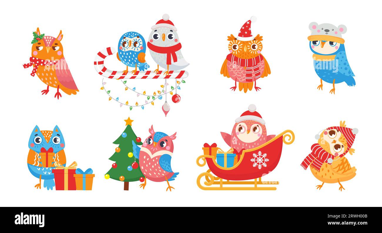 Winter owl. Cute christmas birds of set celebrating Stock Vector Image ...