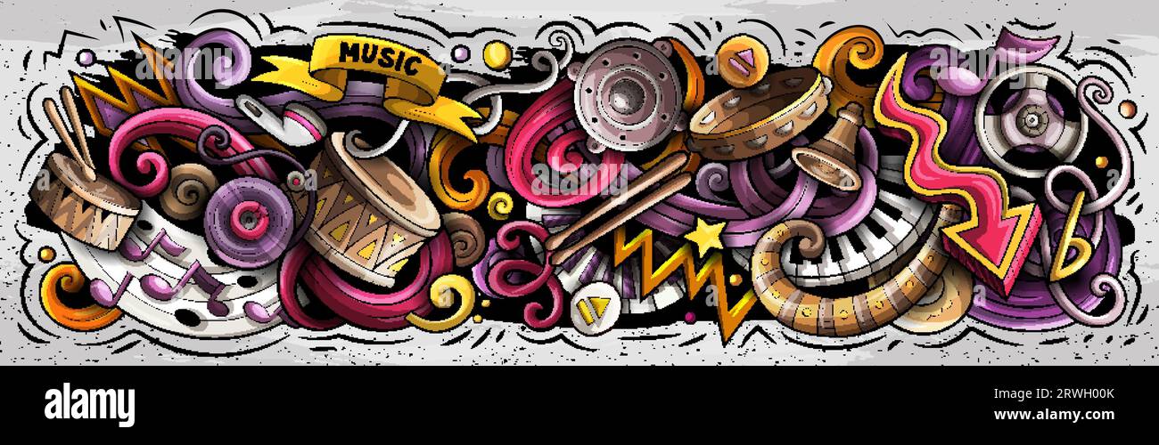Music cartoon doodles illustration. Musical funny objects and elements ...