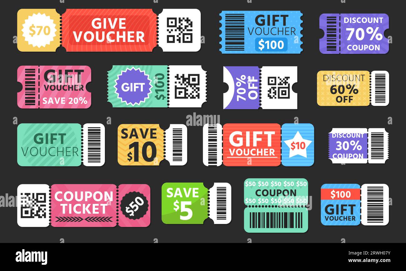 Gift voucher set. Retro vintage raffle stickers with offer code ...