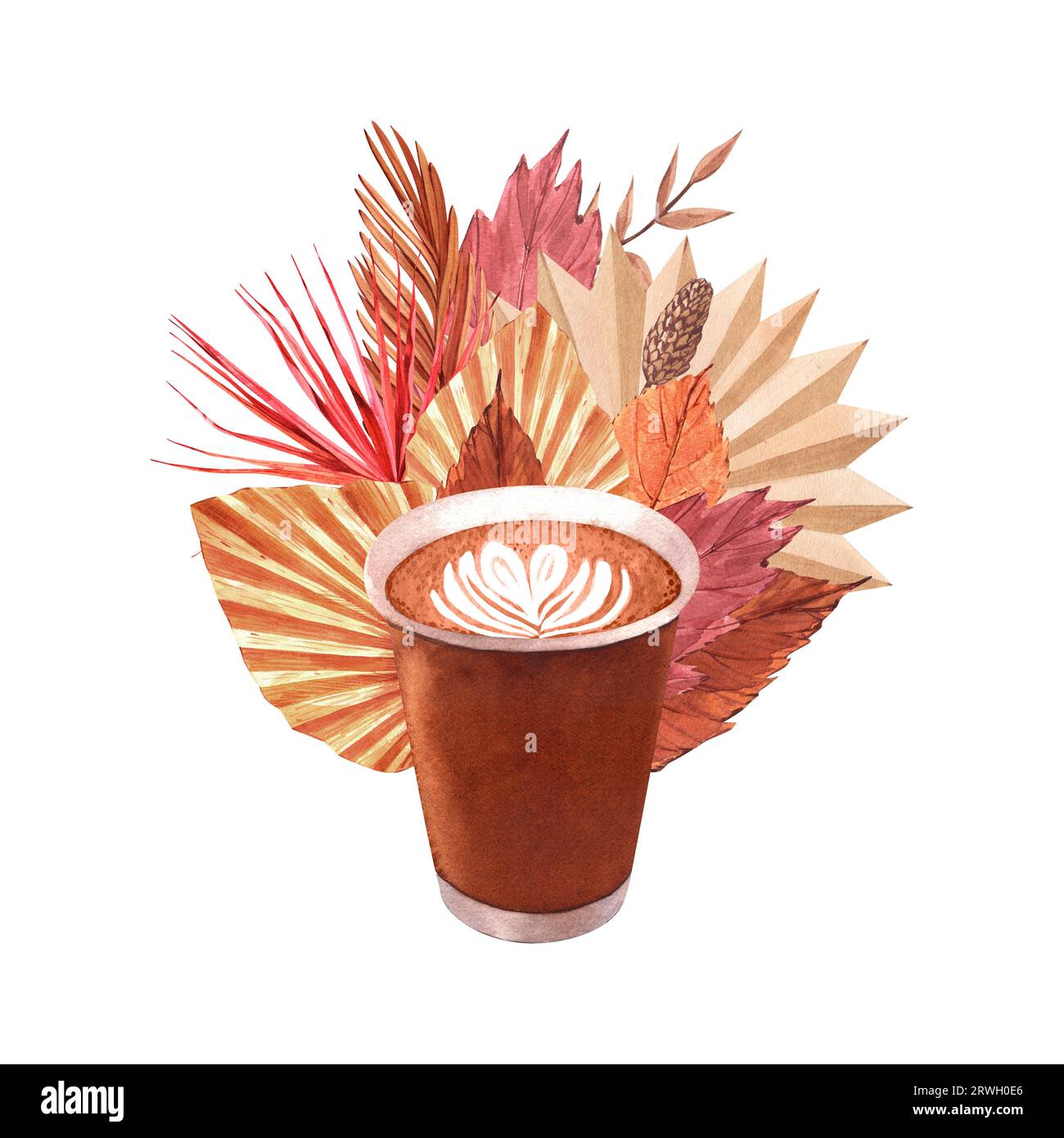 Watercolor coffee cup with autumn florals boho leaves and twigs. Hand ...