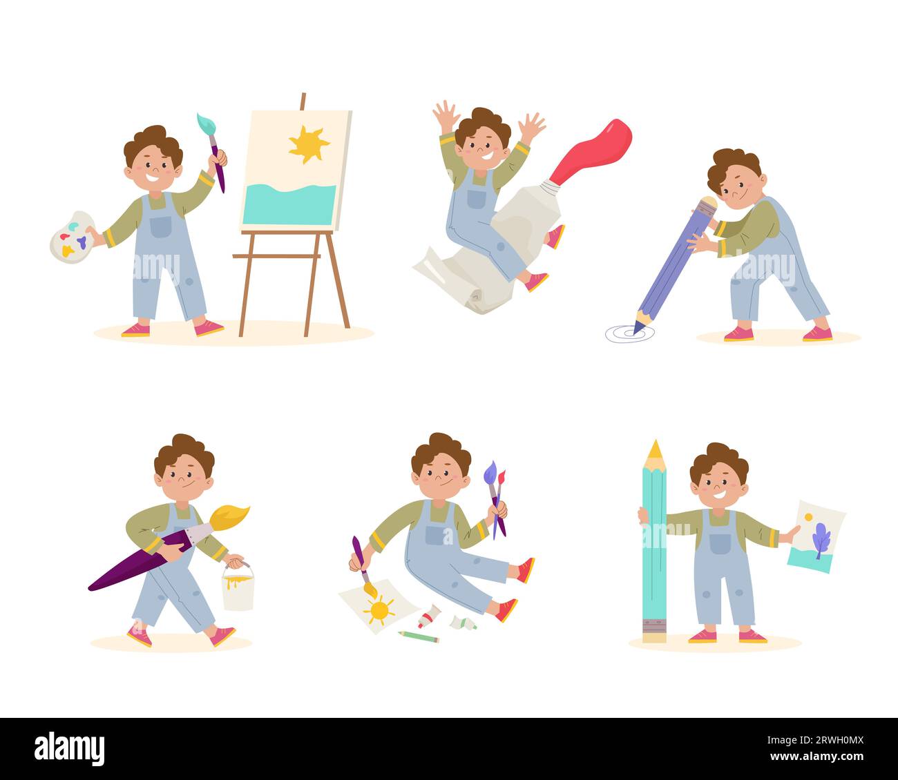Boy artist drawing with colored pencils and brushes on canvas, paper ...