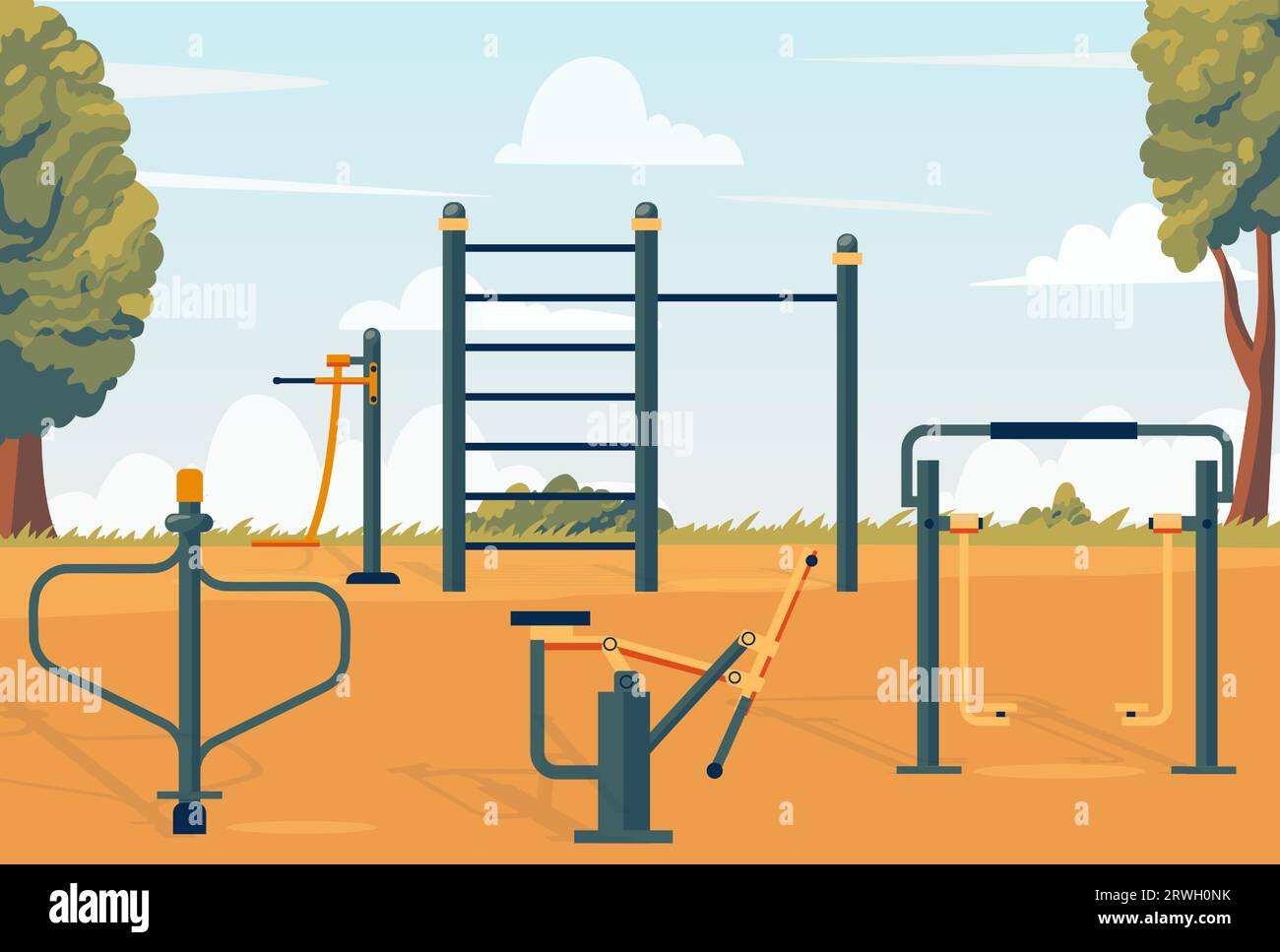 Street workout park. Cartoon city landscape with gymnasium fitness ...