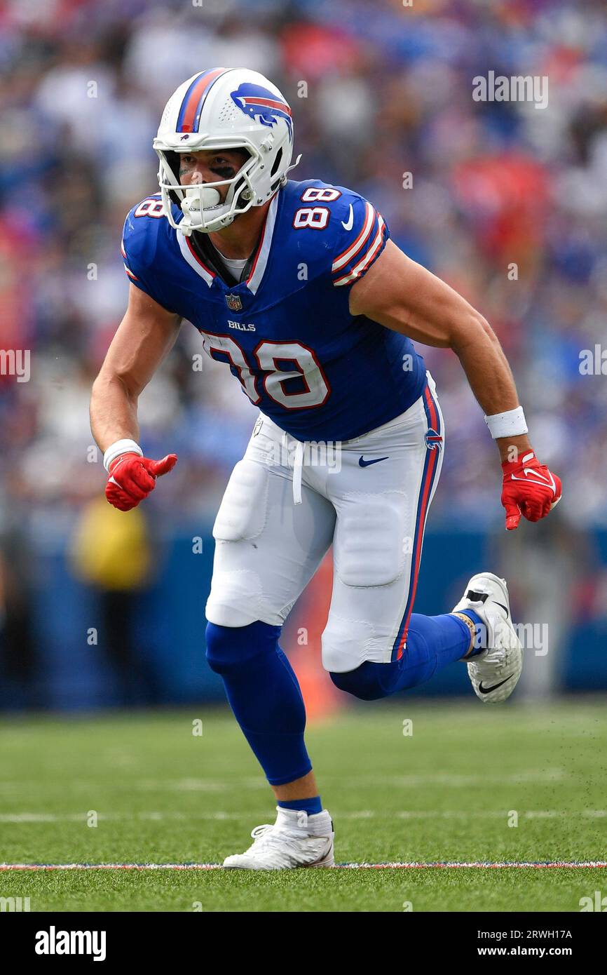 Buffalo Bills tight end Dawson Knox (88) runs on the field during the ...