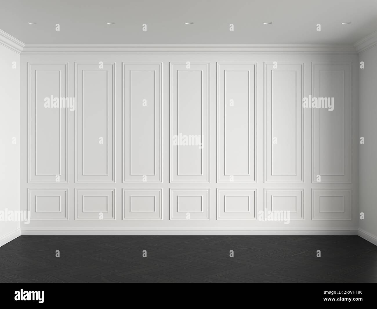 3d render of white interior with panels on wall and dark wood on floor ...