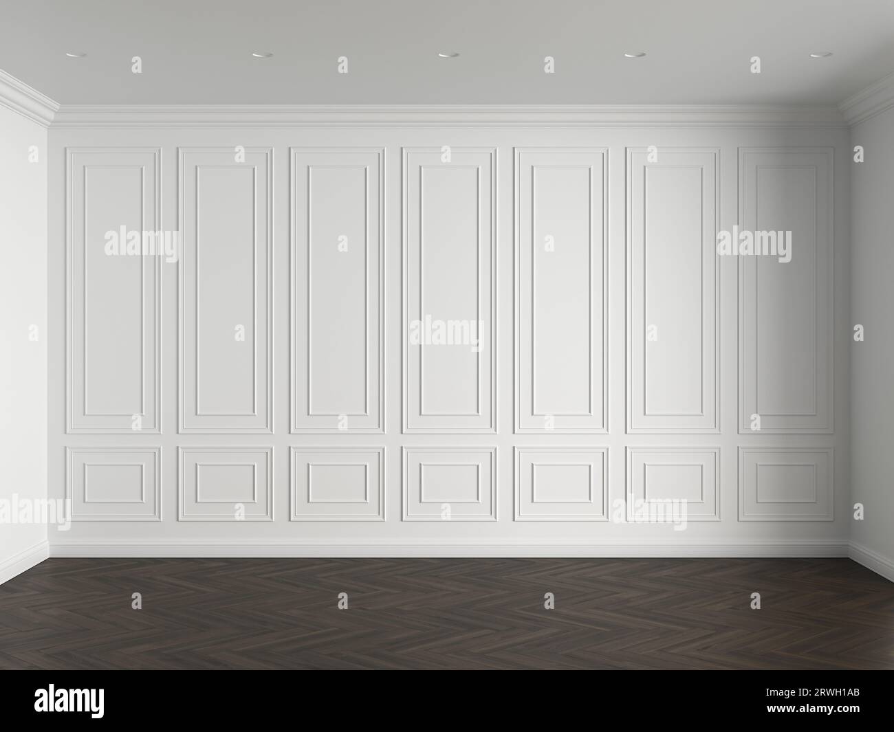 3d render of white interior with panels on wall and wood on floor ...