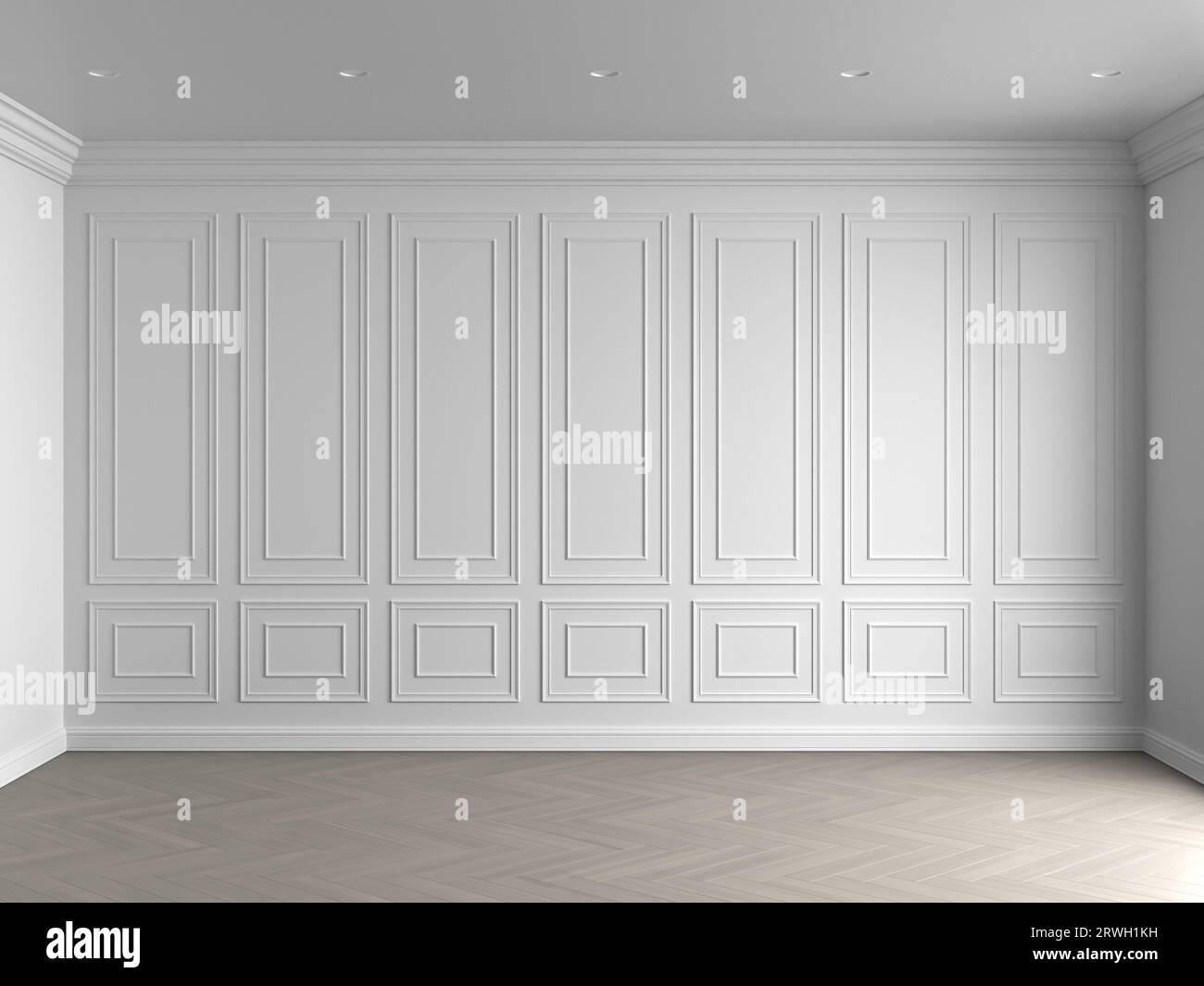 3d render of white interior with panels on wall and light wood on floor ...