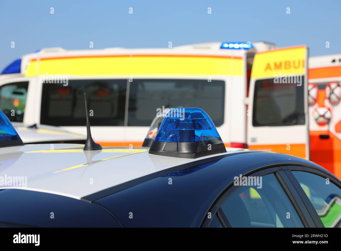 blue siren of a car of police and the ambulance van after crash Stock ...