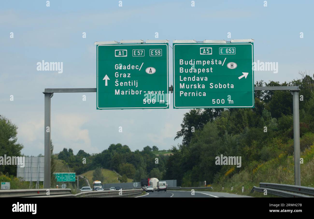 road sign in the motorway with names of place in Hungary and in Austria ...