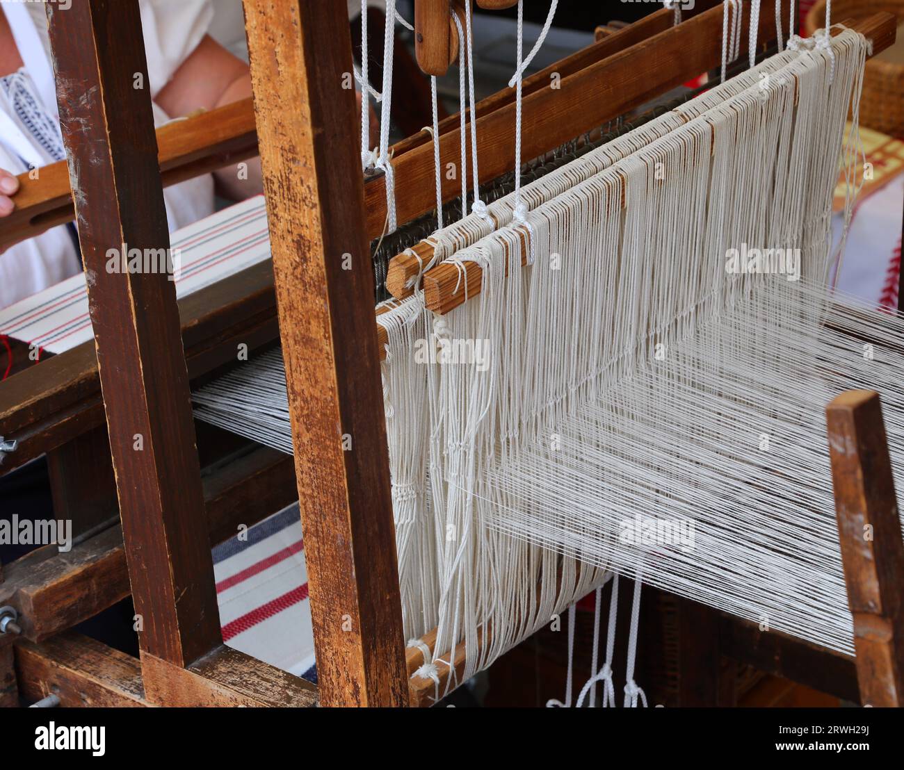 Ancient wooden spinning frame to weave cotton and wool threads Stock ...