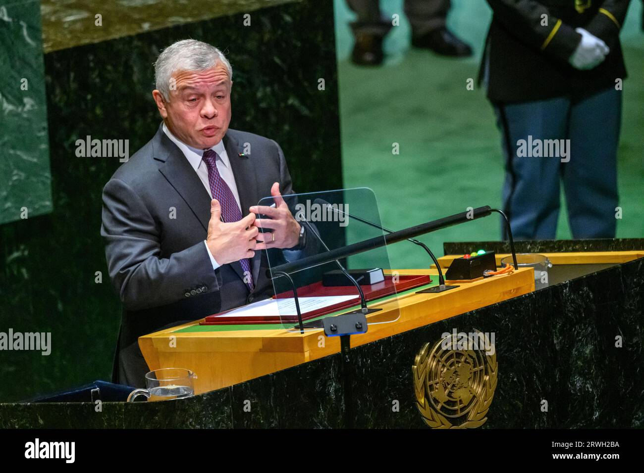 New York, USA. 19th Sep, 2023. King Abdullah II ibn Al Hussein of Jordan addresses the 78th ...