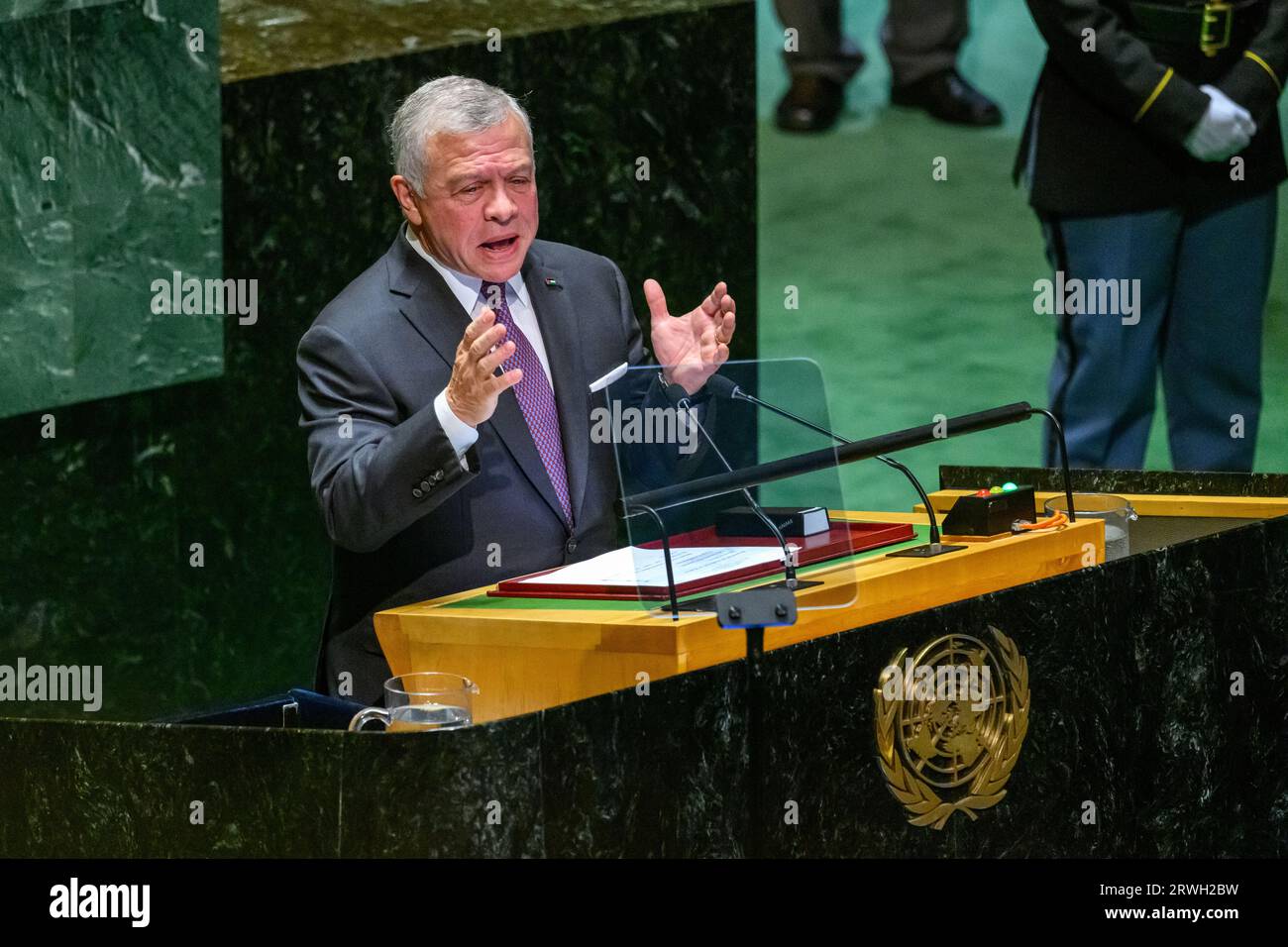 New York, USA. 19th Sep, 2023. King Abdullah II ibn Al Hussein of Jordan addresses the 78th ...