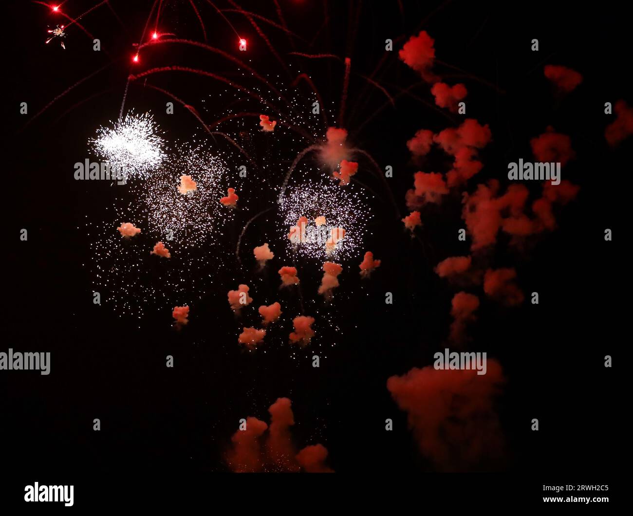 many sparkling glittering fireworks exploded in the sky during the ...