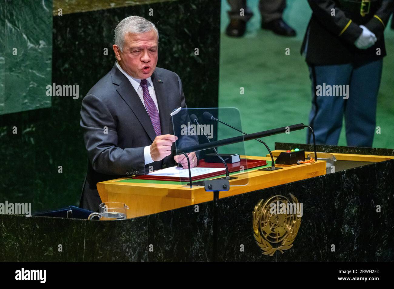 New York, USA. 19th Sep, 2023. King Abdullah II ibn Al Hussein of Jordan addresses the 78th ...