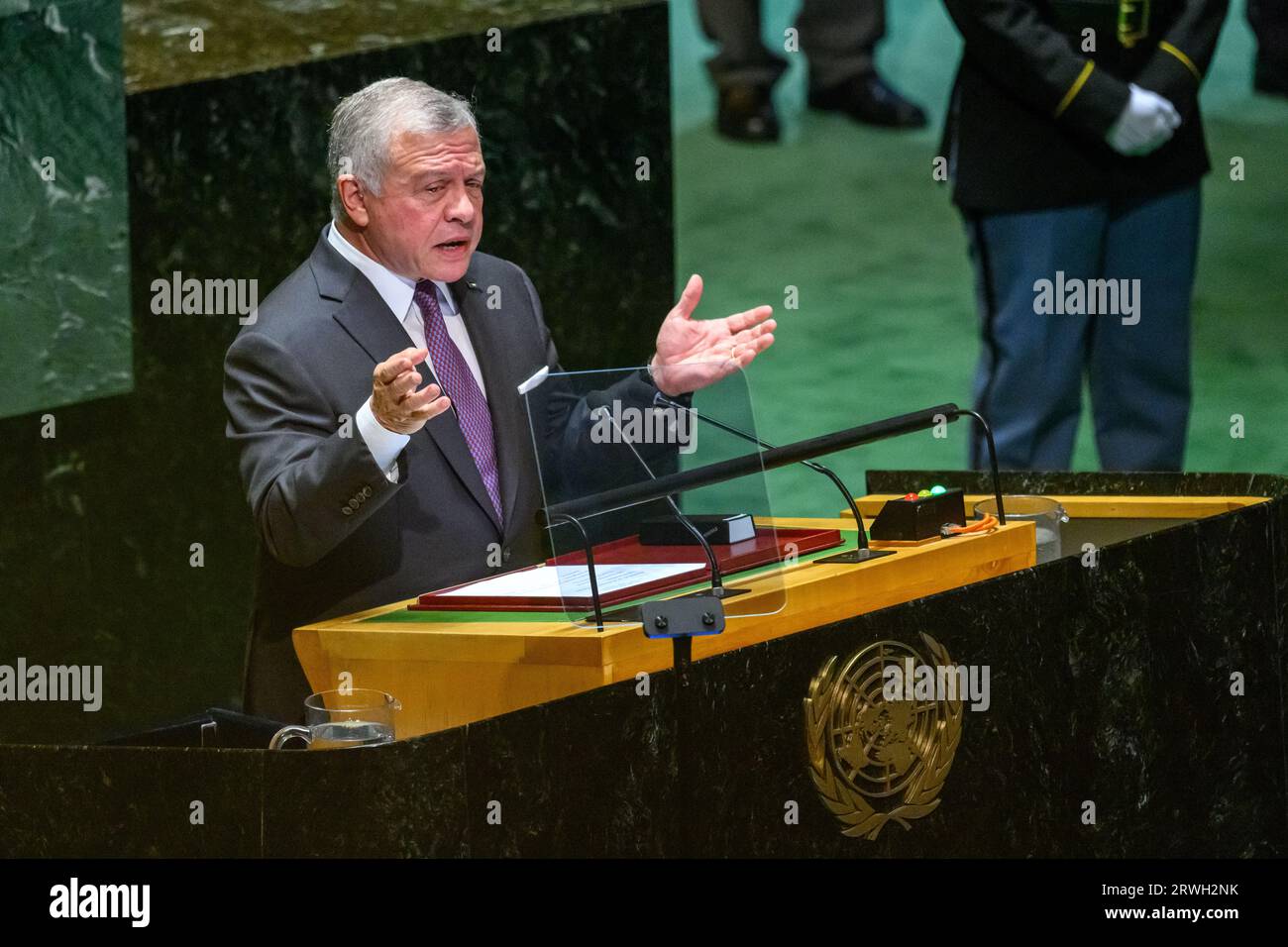 New York, USA. 19th Sep, 2023. King Abdullah II ibn Al Hussein of Jordan addresses the 78th ...