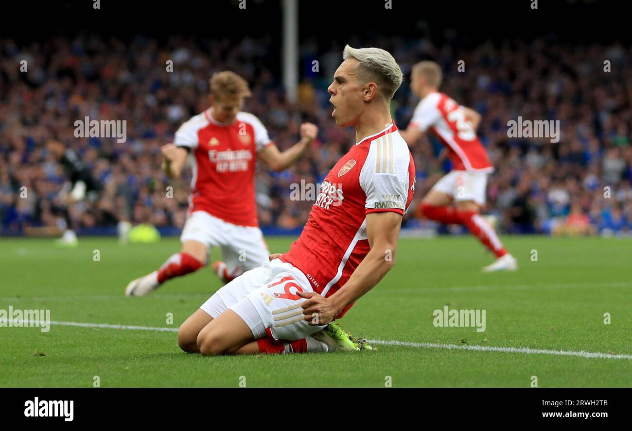 Arsenal’s Leandro Trossard celebrates scoring the opening goal during ...