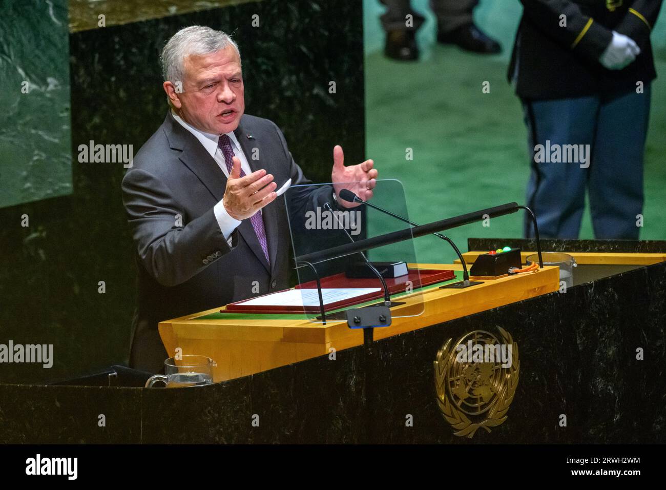 New York, USA. 19th Sep, 2023. King Abdullah II ibn Al Hussein of Jordan addresses the 78th ...