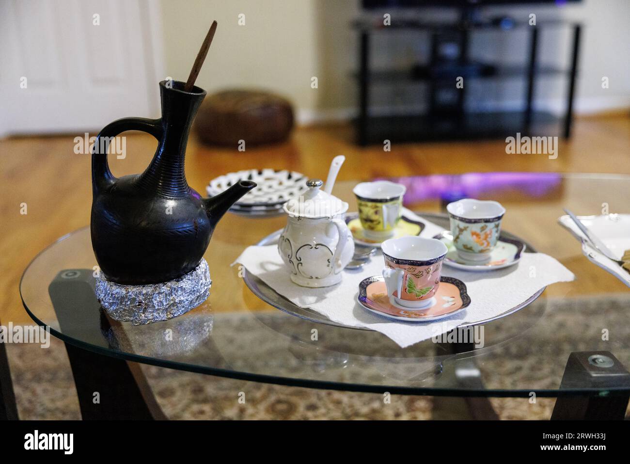 ethiopian coffee ceremony set on a glass table Stock Photo - Alamy
