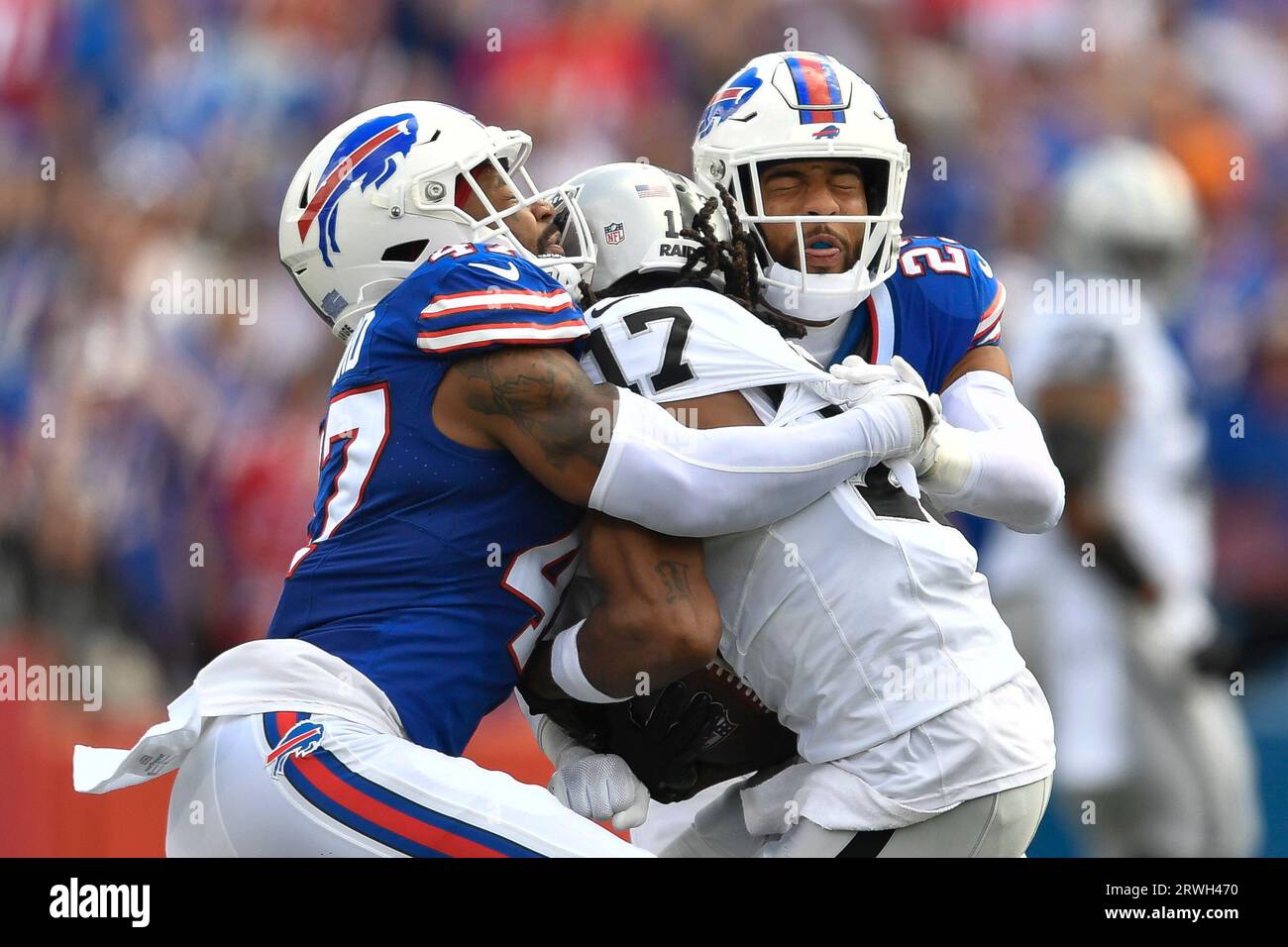 Buffalo Bills cornerback Christian Benford, left, and safety Micah Hyde ...
