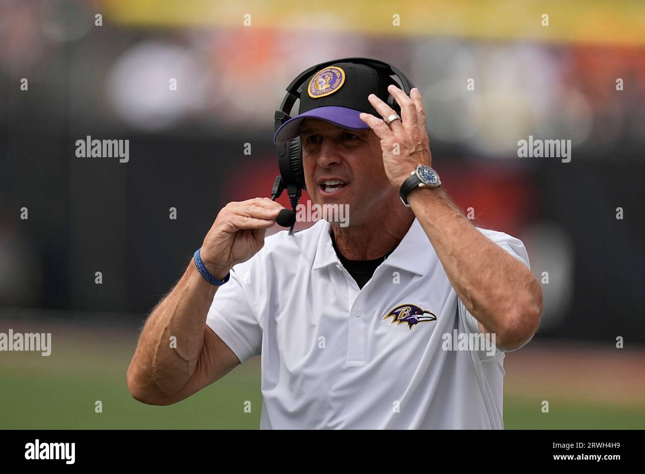 Baltimore Ravens head coach John Harbaugh in action during the first ...