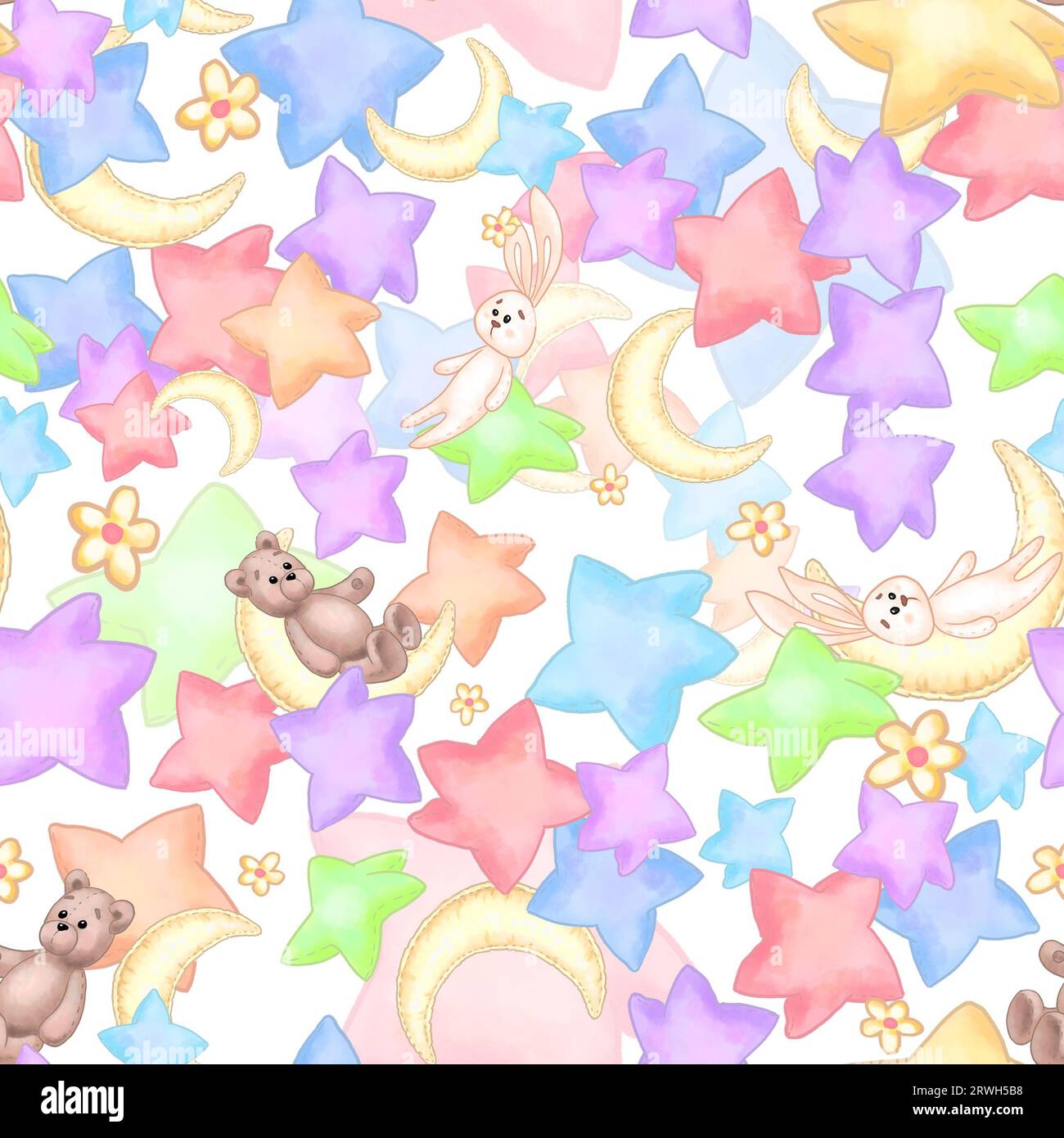 Teddy bear and rabbit among the stars and the moon in children's style ...