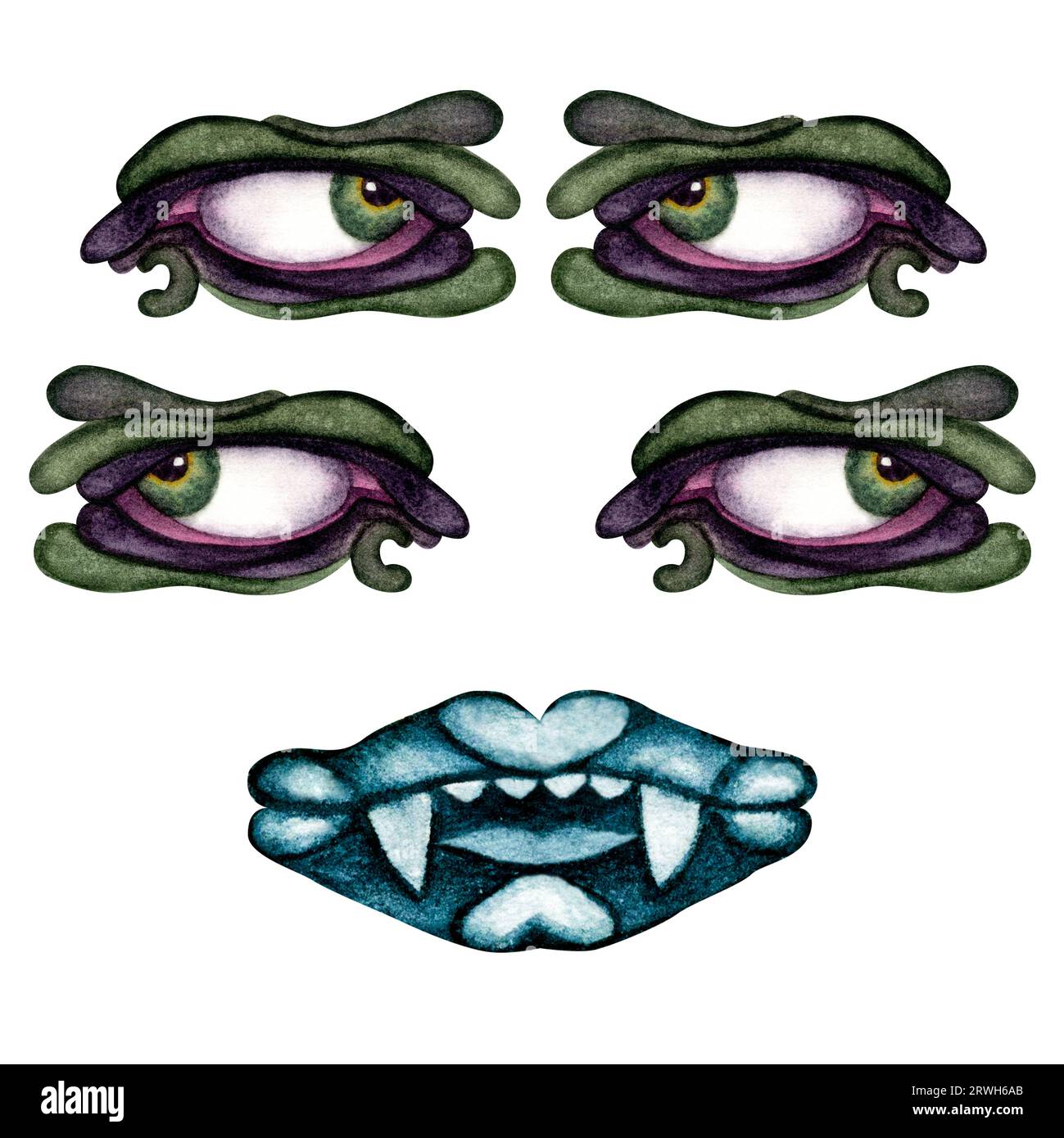 Watercolor monster Halloween fantasy masks with eyes and lips. Elements ...