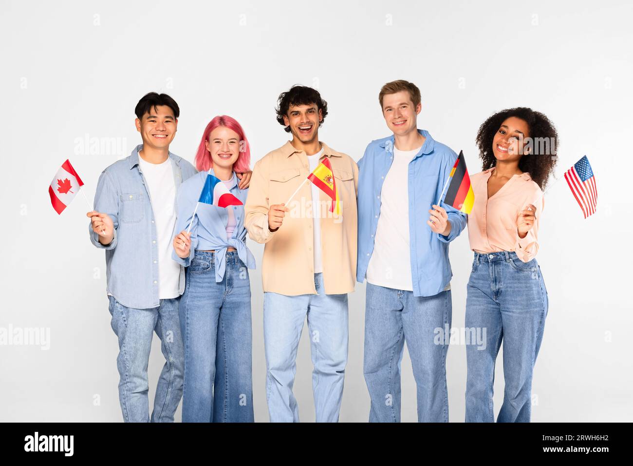 Student exchange, language learning. Happy multiracial friends in ...