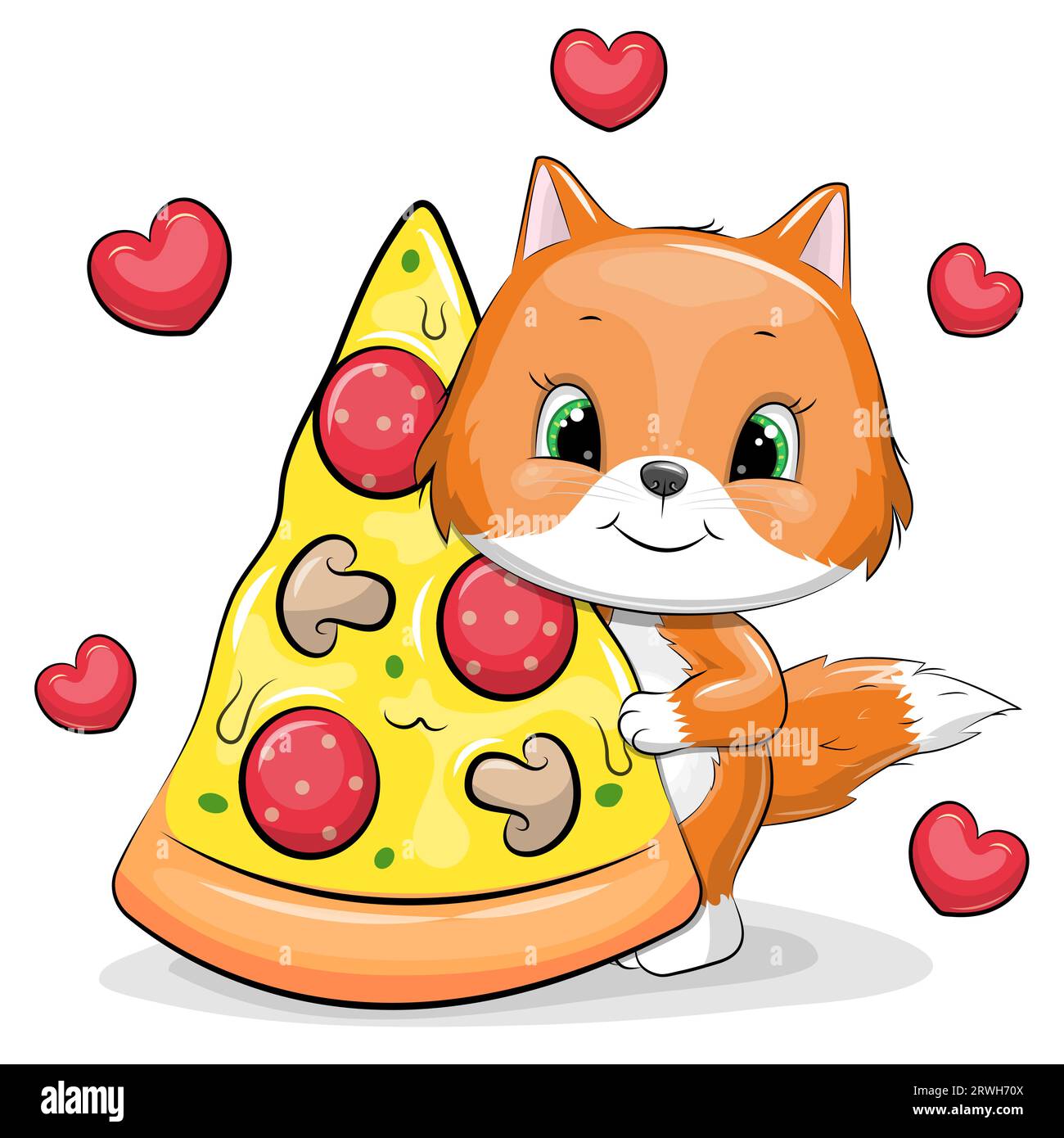 Cute cartoon fox with a big piece of pizza. Vector illustration of ...
