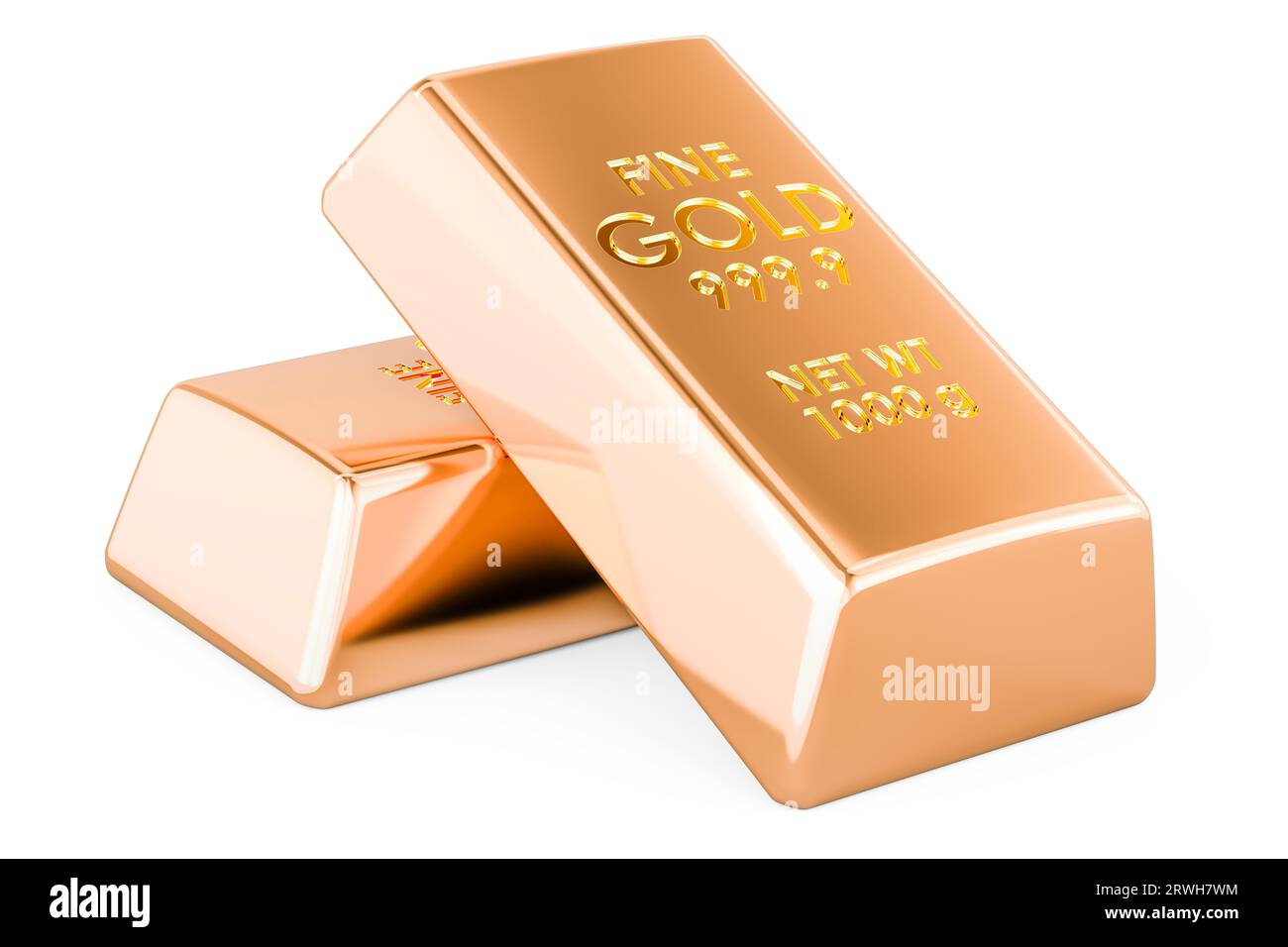 Two gold ingots, gold bars, gold bullions, golden bricks. 3D rendering ...