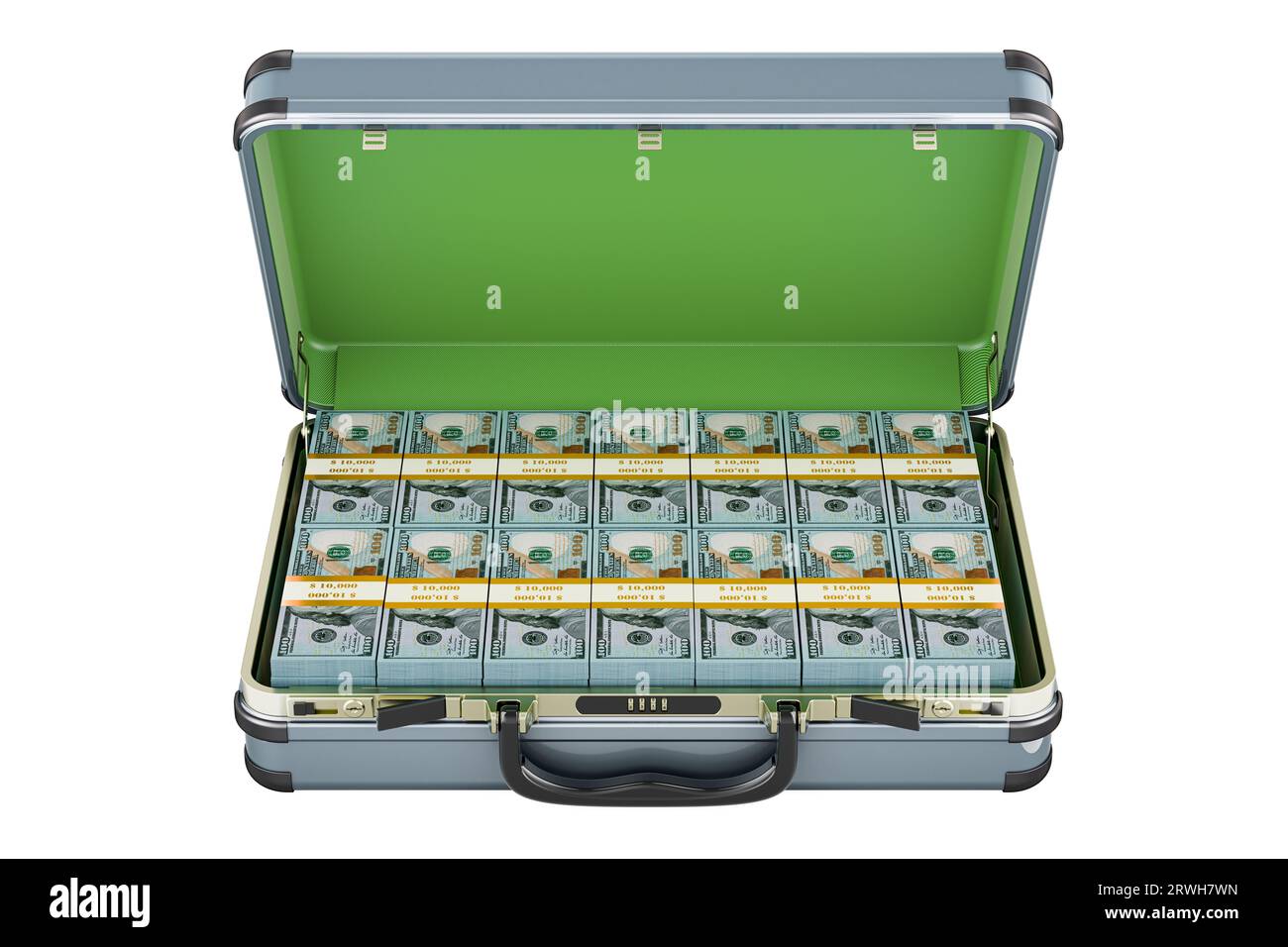 Opened metal hard case full of dollar packs, front view. Silver ...