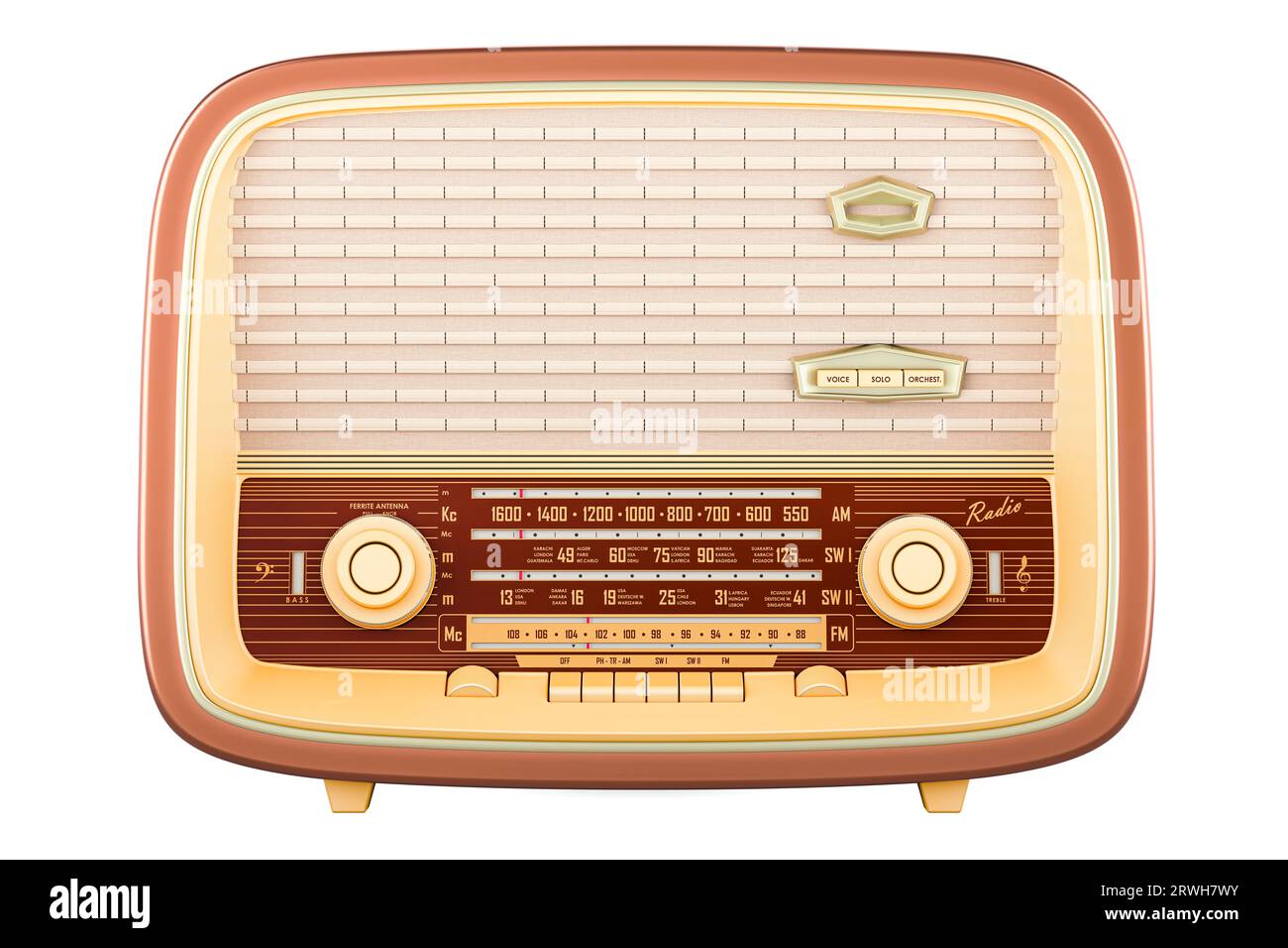 Retro radio receiver, front view. 3D rendering isolated on white ...