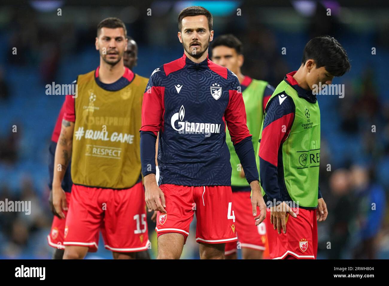 Red Star Belgrade's Mirko Ivanic (centre) and team-mates warming up ...