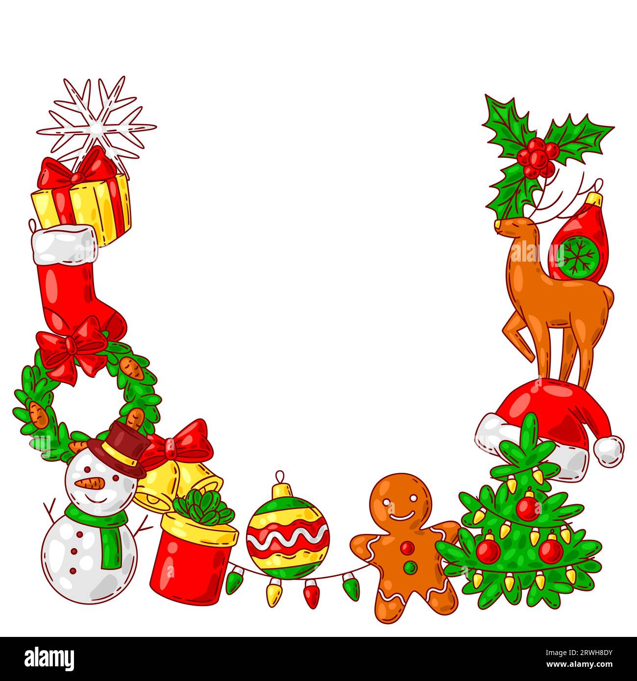 Merry Christmas frame design. Holiday decorations in cartoon style ...