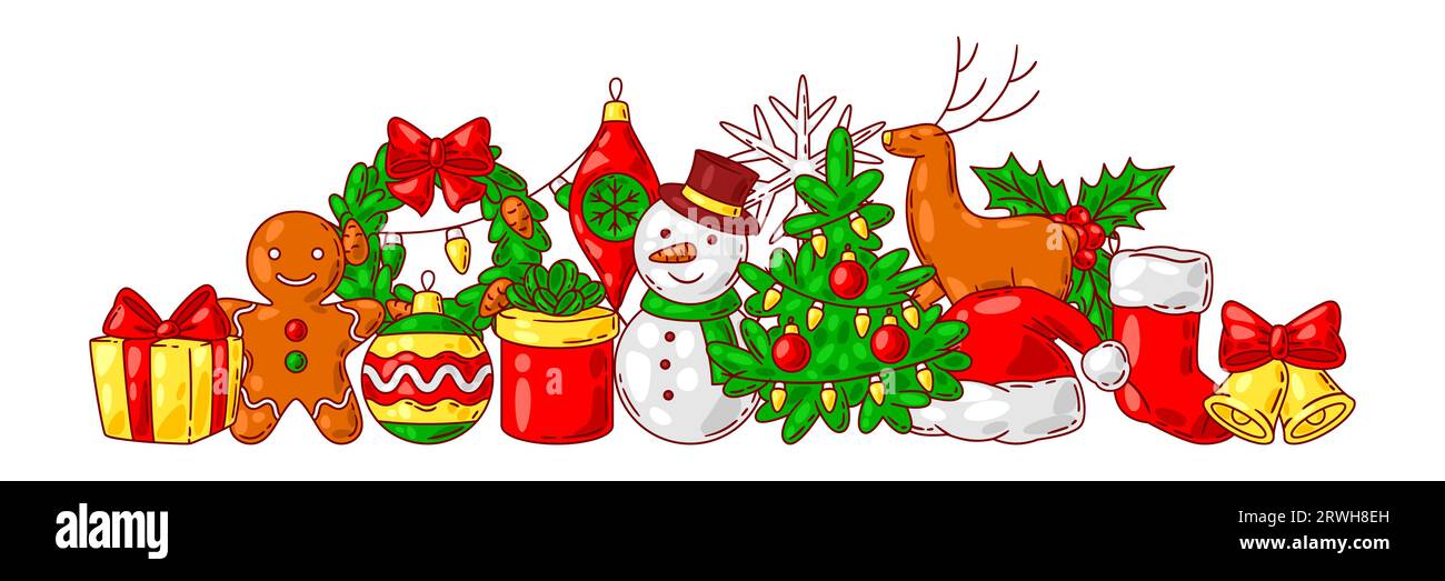 Merry Christmas frame design. Holiday decorations in cartoon style ...