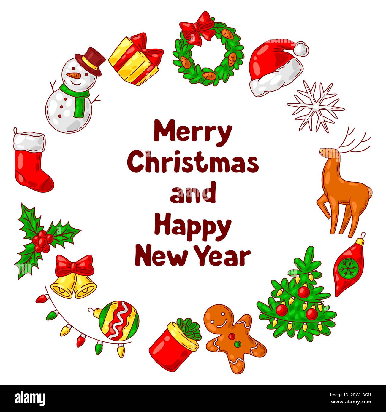 Merry Christmas greeting card. Holiday illustration in cartoon style ...