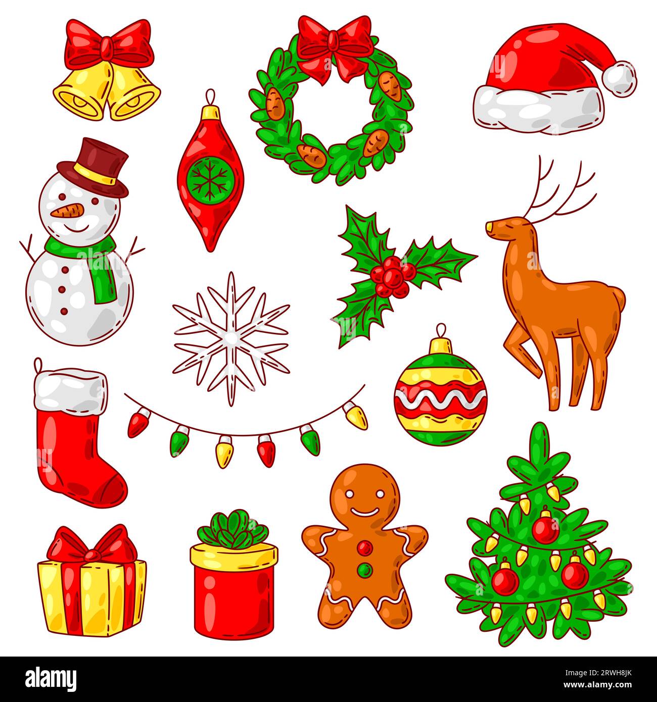 Set of Merry Christmas objects. Holiday items in cartoon style Stock ...