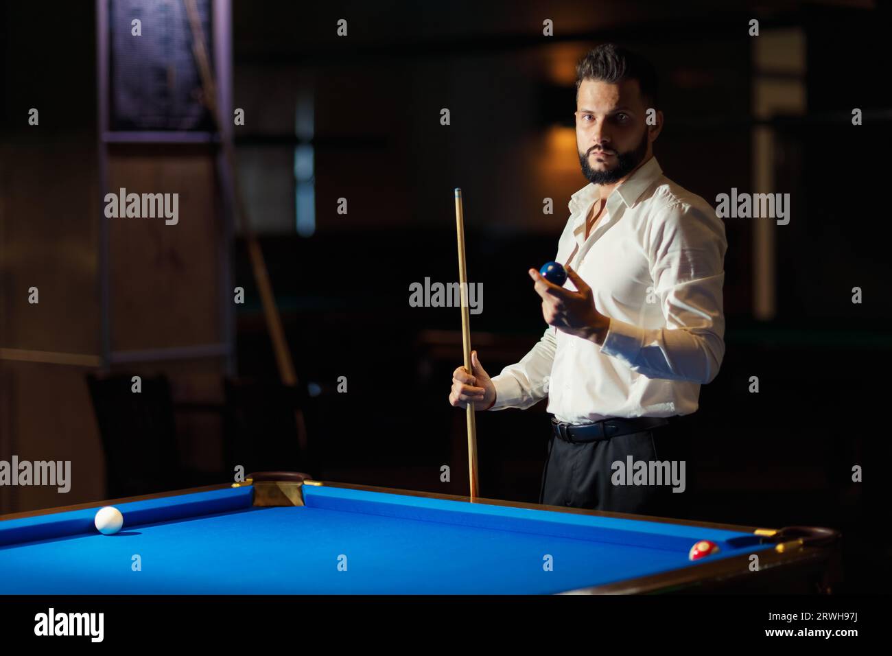 Billiard player portrait at billard table or snooker american billiards ...